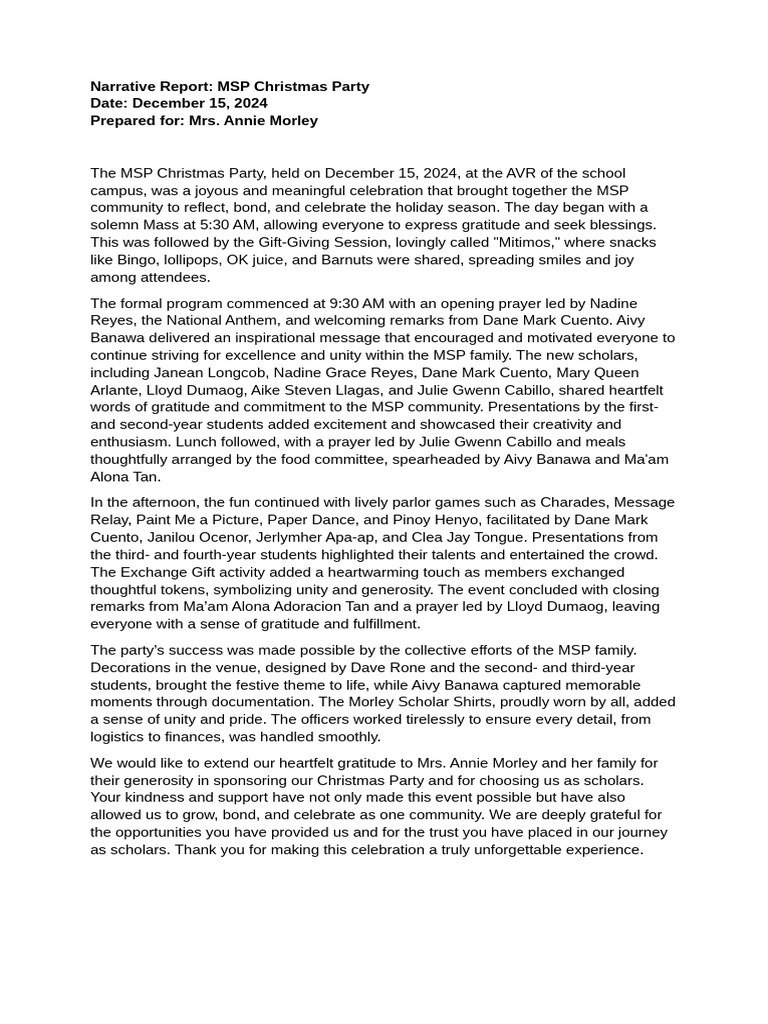 Narrative Report MSP Christmas Party | PDF