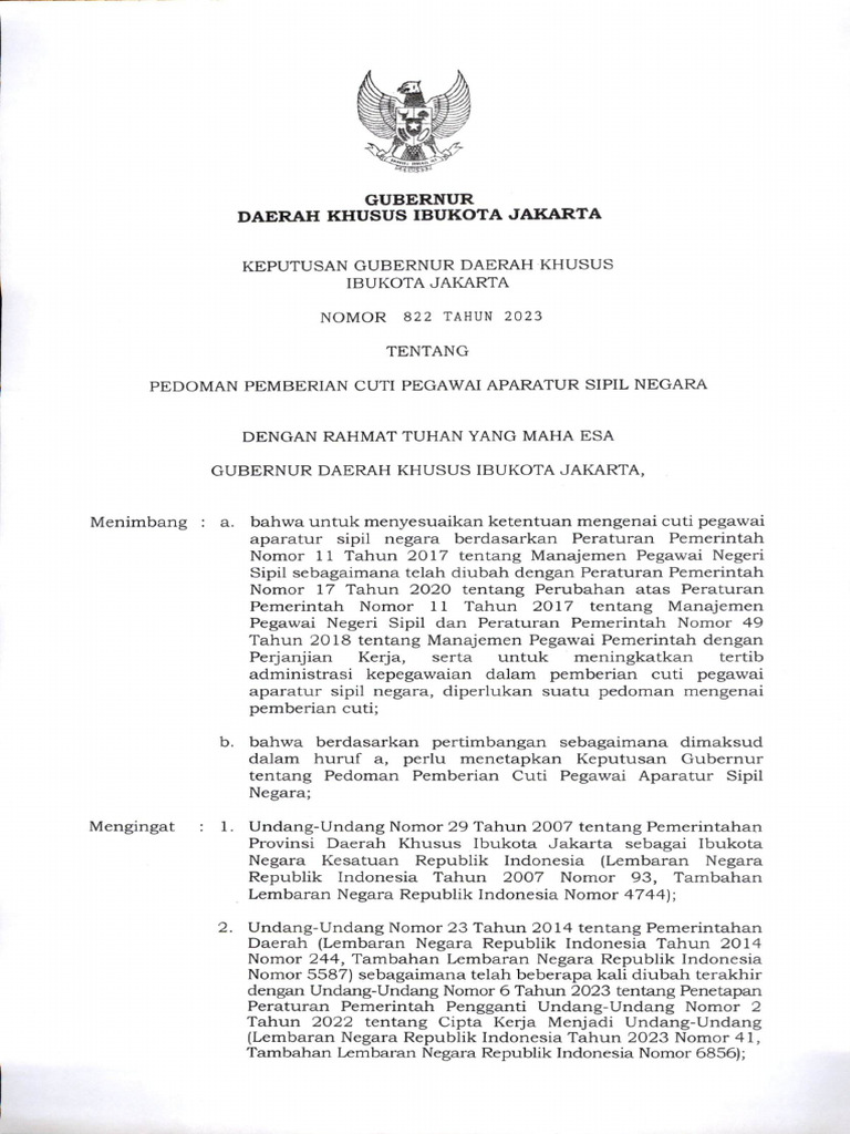 Kepgub No. 822 Tahun 2023 Pedoman Pemberian Cuti Pegawai ASN | PDF