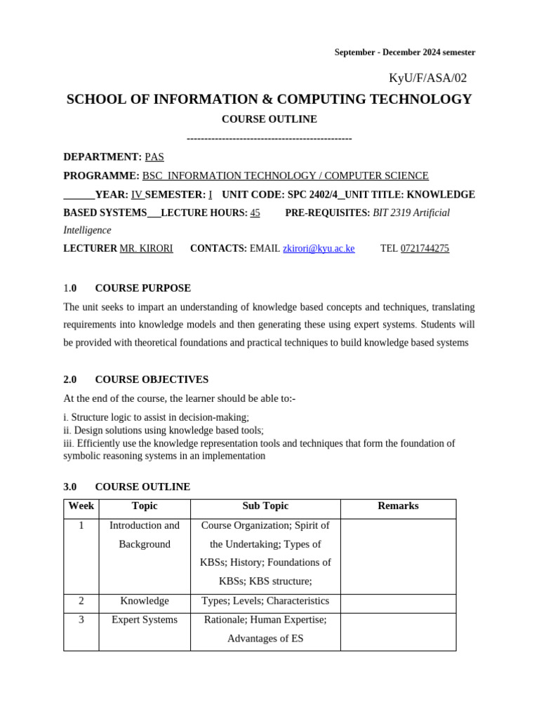 Knowledge-Based Systems Course Outline | PDF | Knowledge | Machine Learning