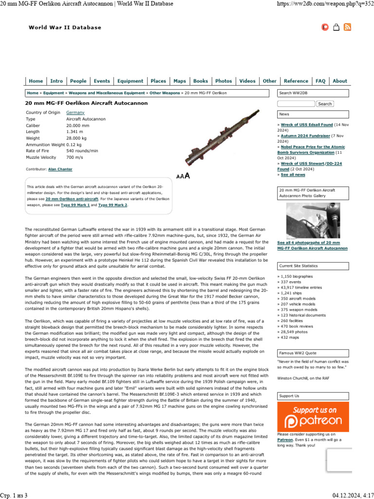 20mm MG-FF Oerlikon Aircraft Cannon | PDF | Flight | Military Technology