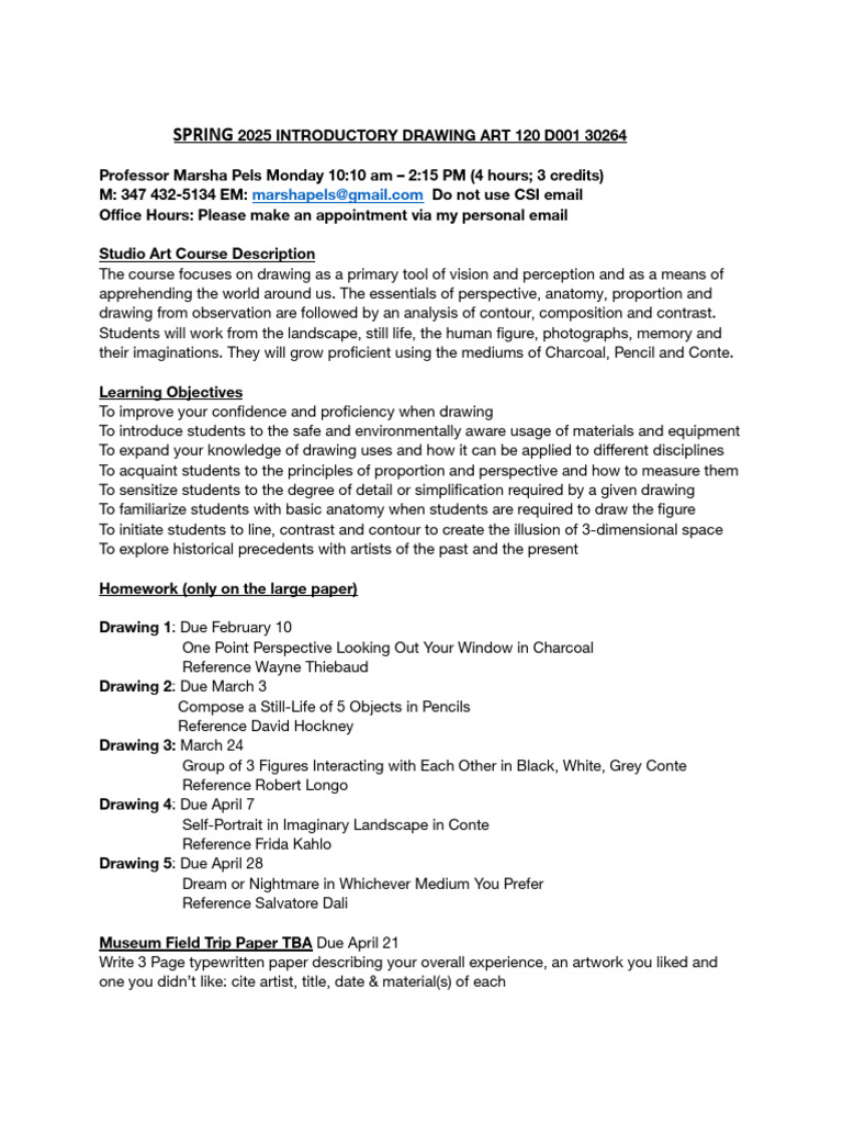 Spring 2025 Introductory Drawing Course | PDF | Drawing