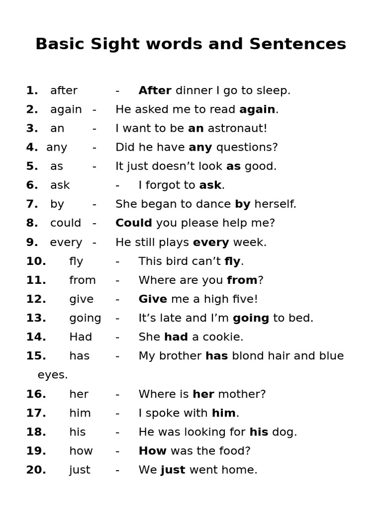 Basic Sight Words and Sentences | PDF