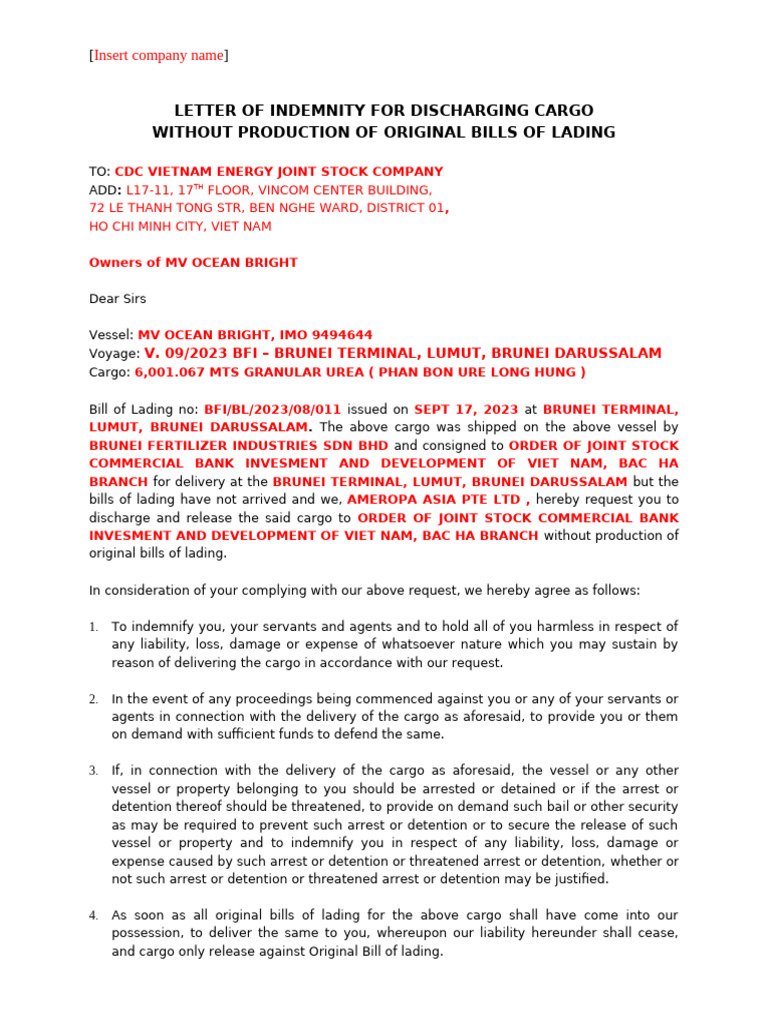 MV OCEAN BRIGHT 09 2023 - LOI For Discharging Wo OBL | PDF | Indemnity ...