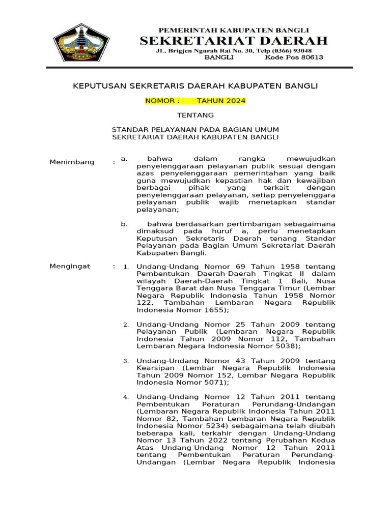 SK Standar Pelayanan Bagian Umum Setda Kab Bangli 2024 | PDF