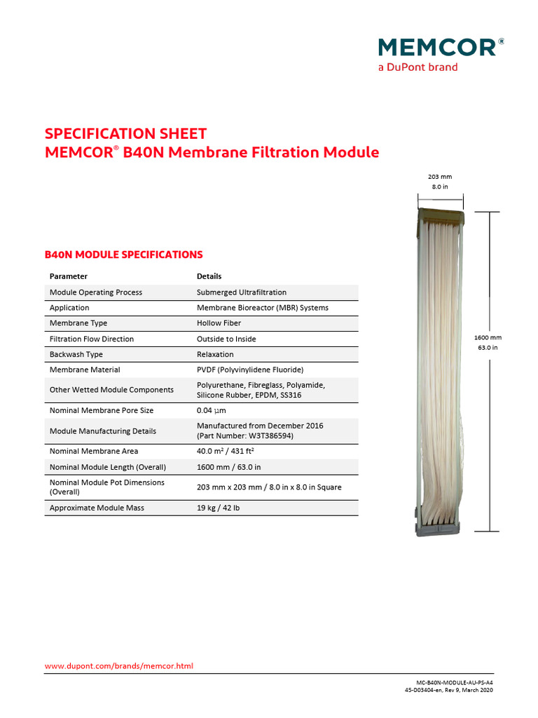 Memcor MBR B40N Module PDS 45 D03404 en | PDF | Membrane | Materials