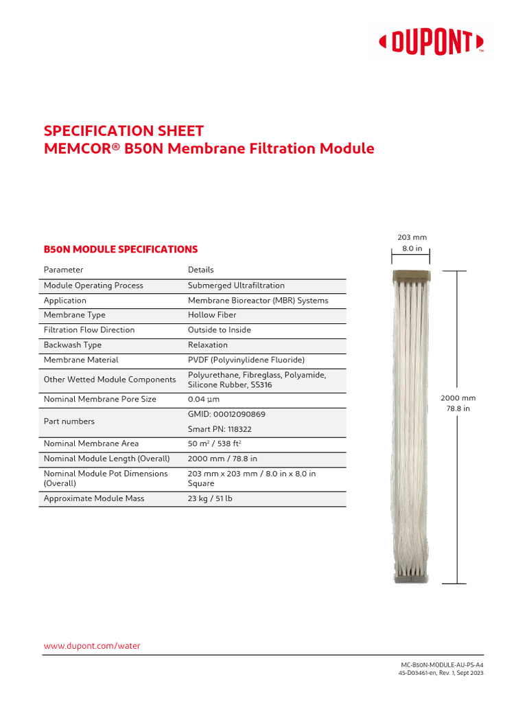 MEMCOR B50N Membrane Specifications | PDF | Membrane | Materials