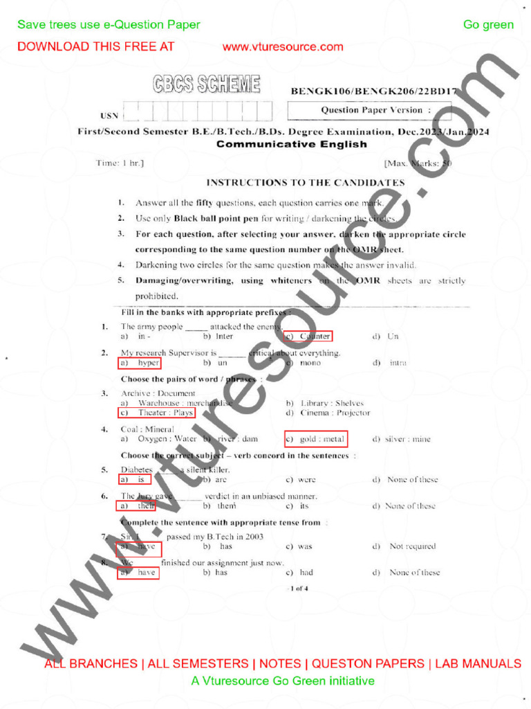 D Bengk106 Comm English Jan 2024 Vtu Exam QP Solved | PDF