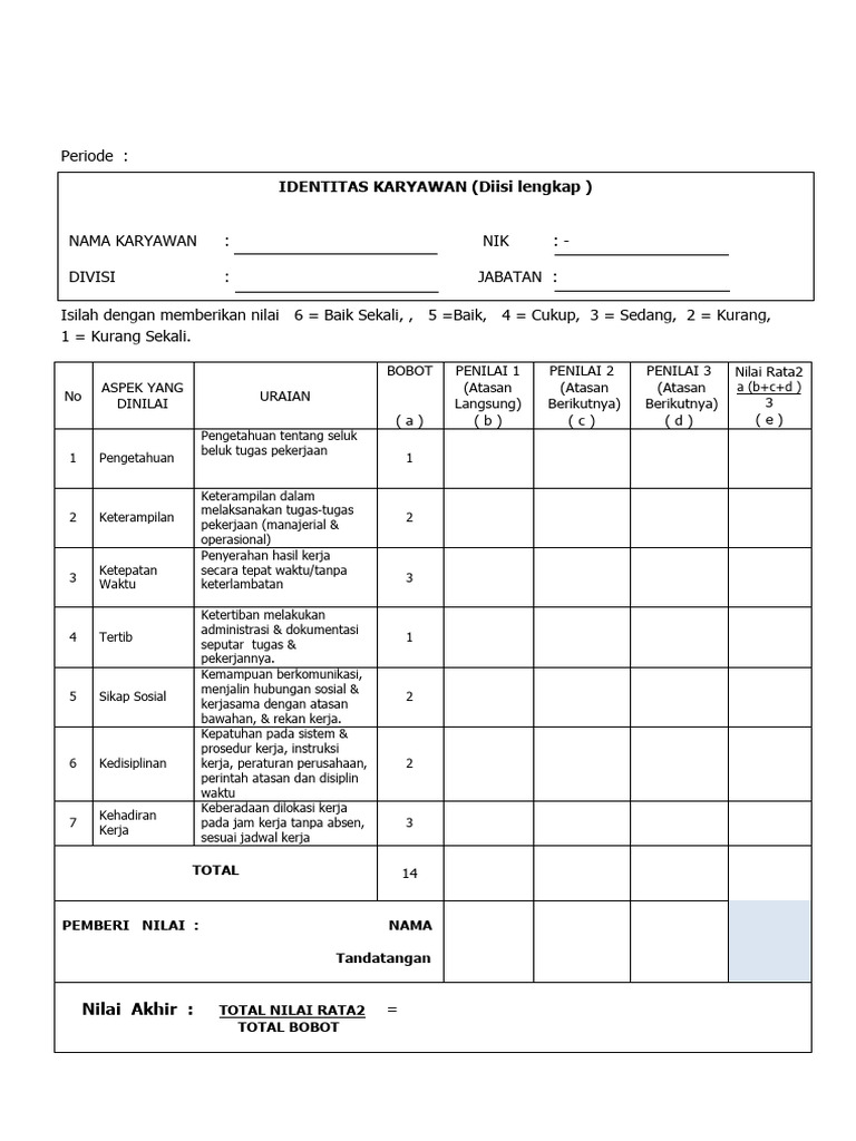 Penilaian Karyawan PKWT/Kontrak | PDF