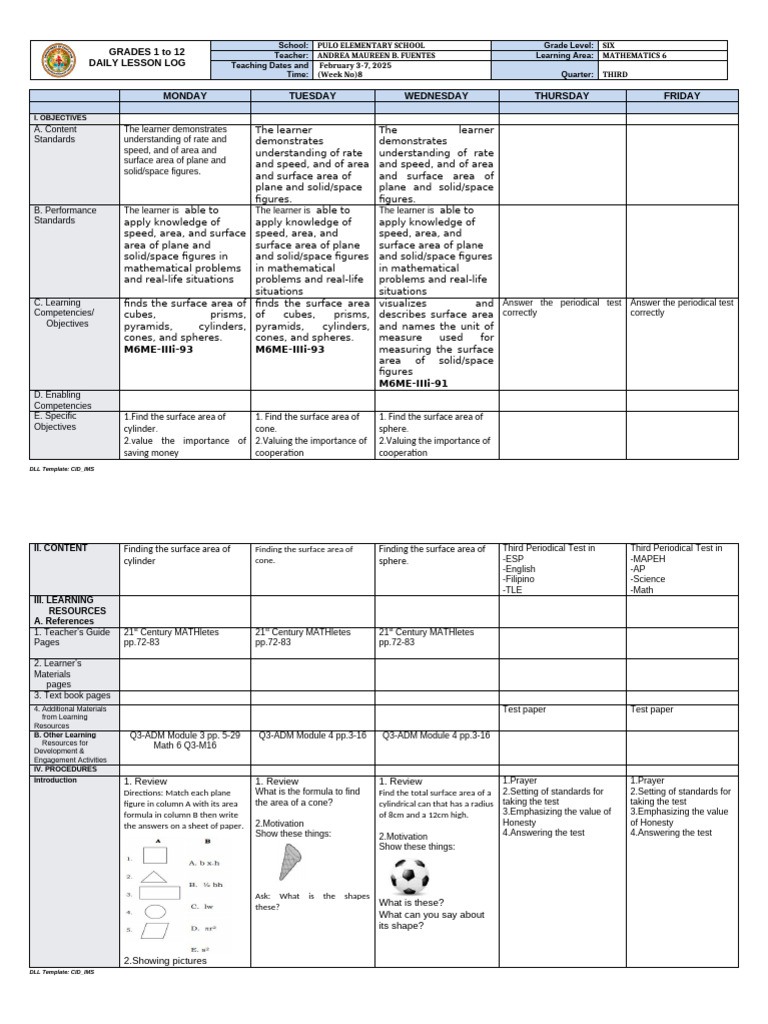 Q3-Week-8-Math-DLL | PDF | Area | Sphere