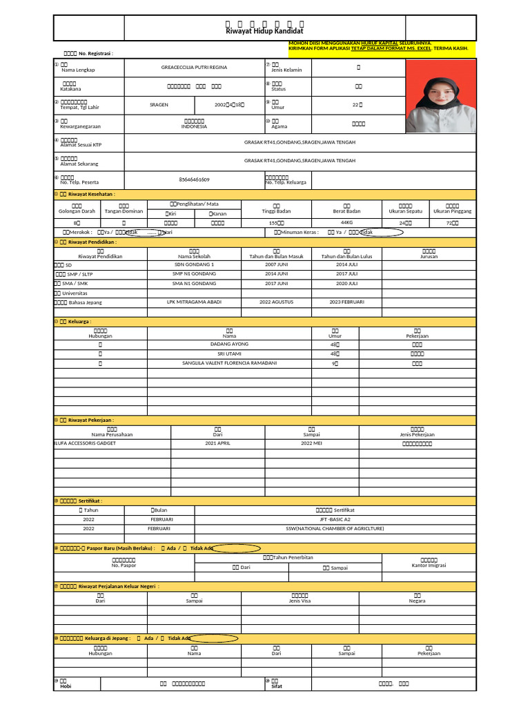 Format CV Tokutei Ginou Hikaru & TSK | PDF