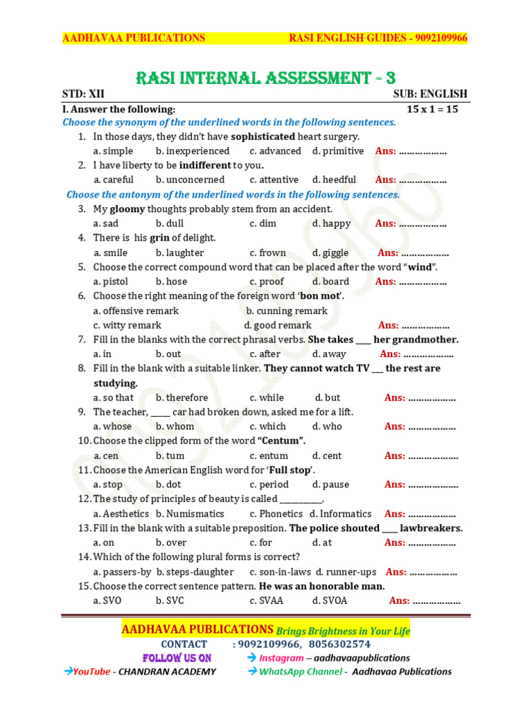 Xii Internal Assessment Test - 3 | PDF | Syntax | Linguistic Typology