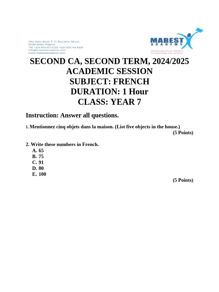 Year 7 French Exam: Second Term 2024 | PDF