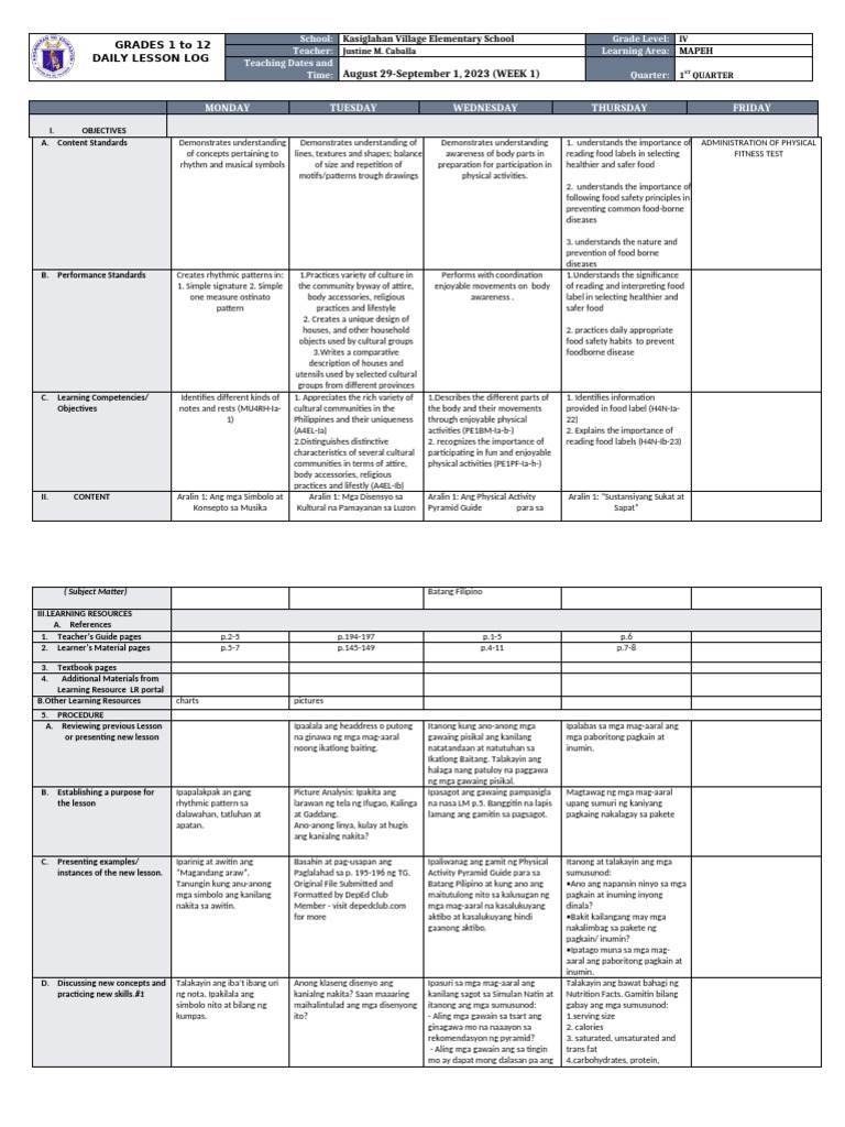 DLL Mapeh-4 Q1 W1 | PDF