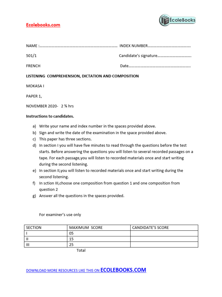 French p1 Questions | PDF