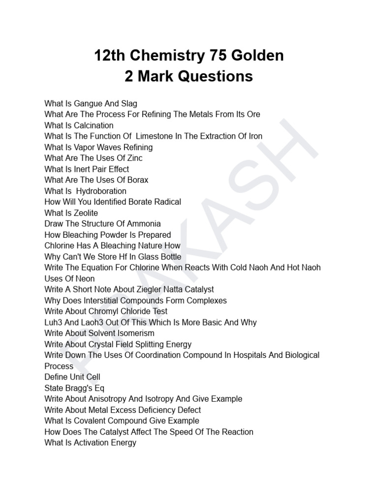 12th Chemistry 75 Golden 2 Mark Questions | PDF