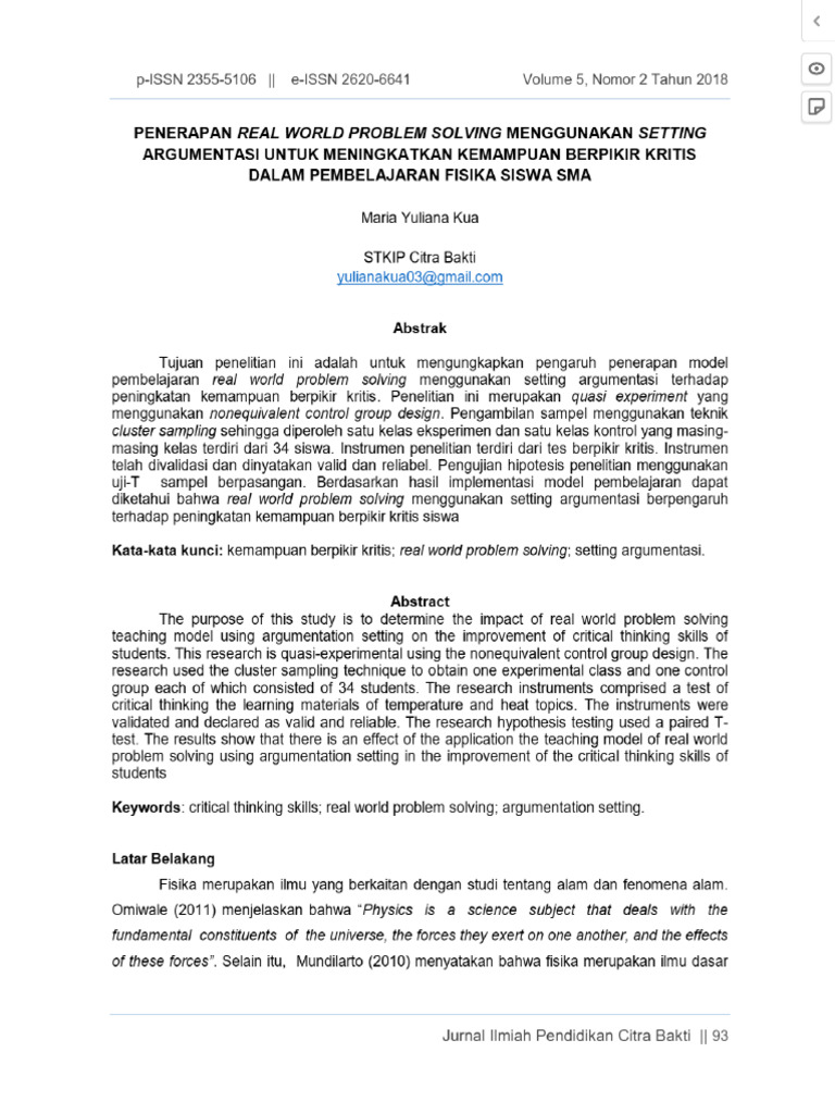 PENERAPAN REAL WORLD PROBLEM SOLVING MENGGUNAKAN SETTING ARGUMENTASI UNTUK MENINGKATKAN ...
