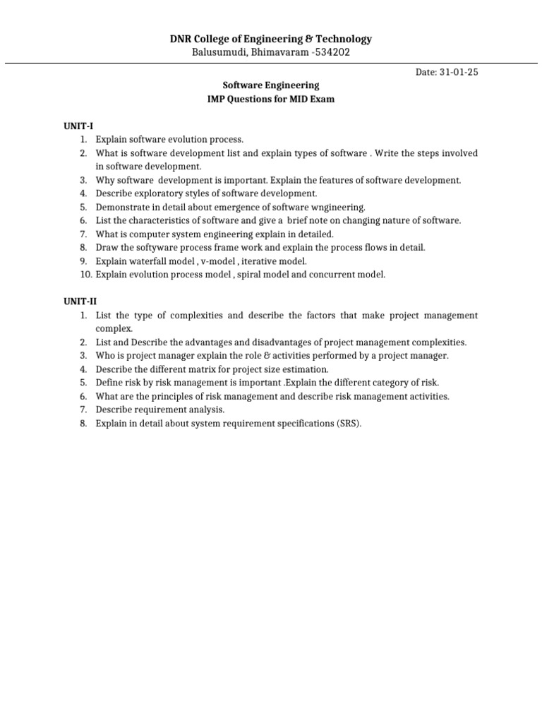SE Imp questions - II-II-Unit - 1 and 2 | PDF