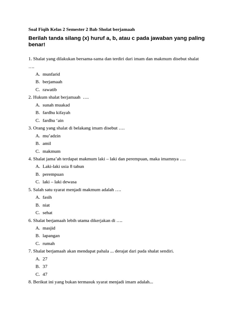Soal Fiqih Kelas 2 Semester 2 Bab Sholat Berjamaah | PDF