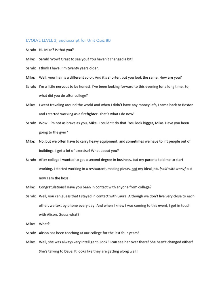 Evolve L3 Unit 8 Quiz B Audioscript | PDF