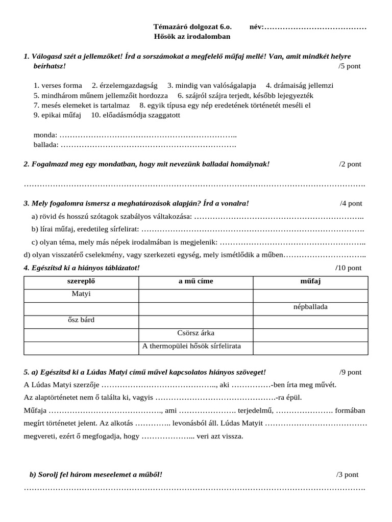 Temazaro Dolgozat 6 Hősok Az Irodalomban | PDF