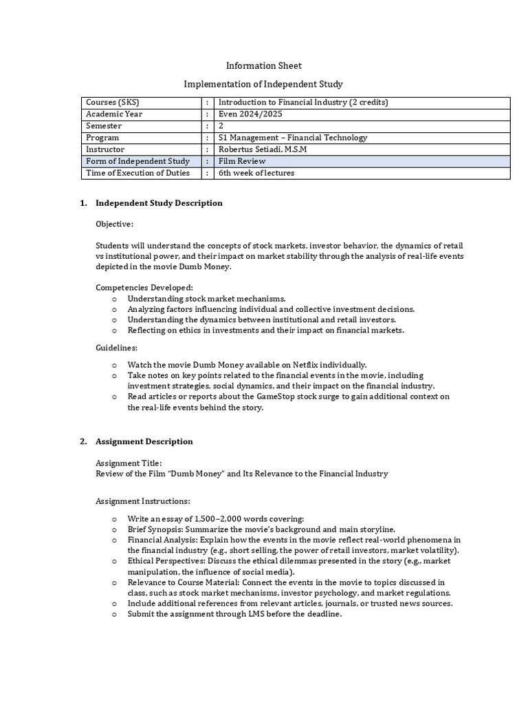 Lecture 6 - Information Sheet (Independent Study) | PDF | Stock Market | Investing