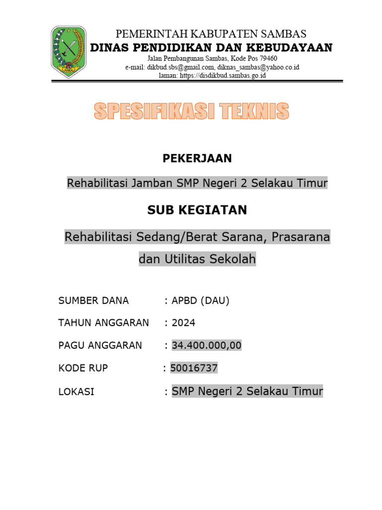 Rehabilitasi Jamban SMP Negeri 2 Selakau | PDF