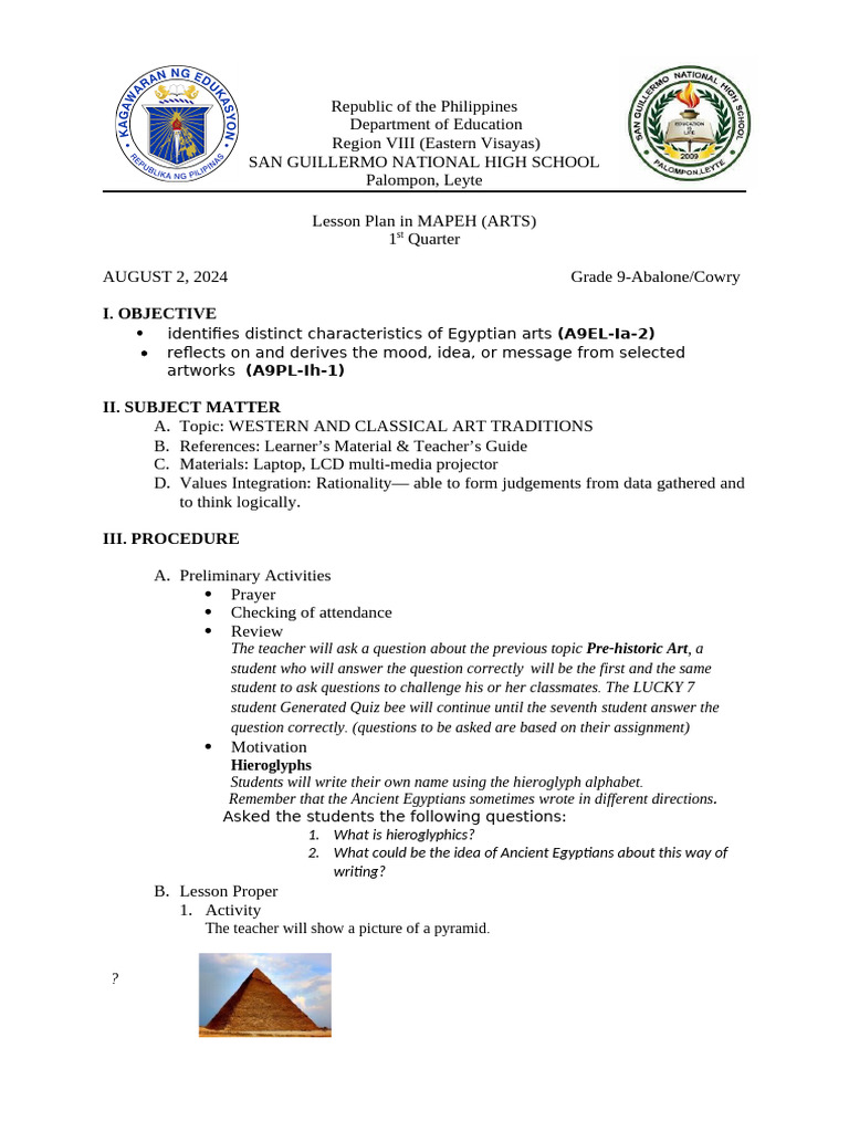 Grade 9 MAPEH Lesson Plan: Egyptian Art | PDF | Ancient Egypt ...