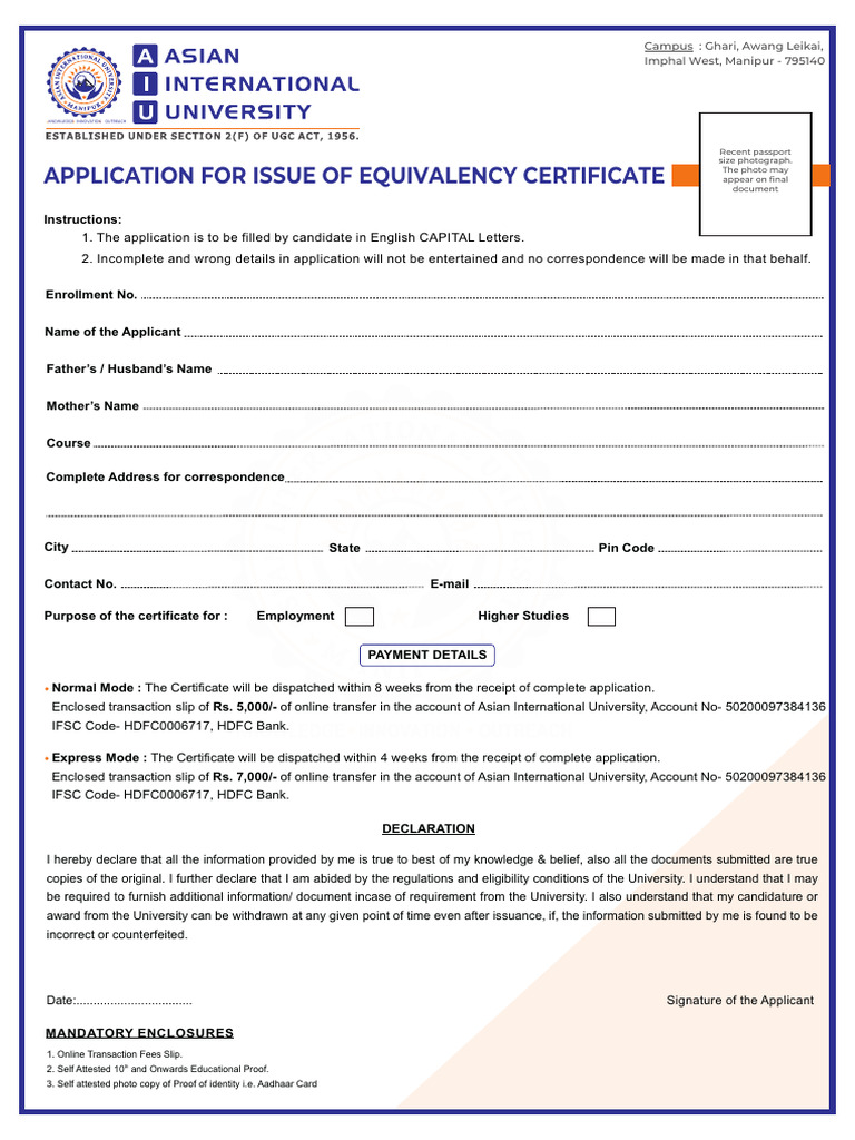 Application for Equivalency Certificate | PDF | Identity Document ...