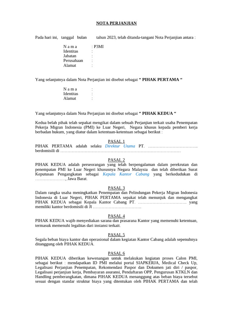 Draft Nota Perjanjian Kerjasama - Kantor Cabang - Malaysia | PDF