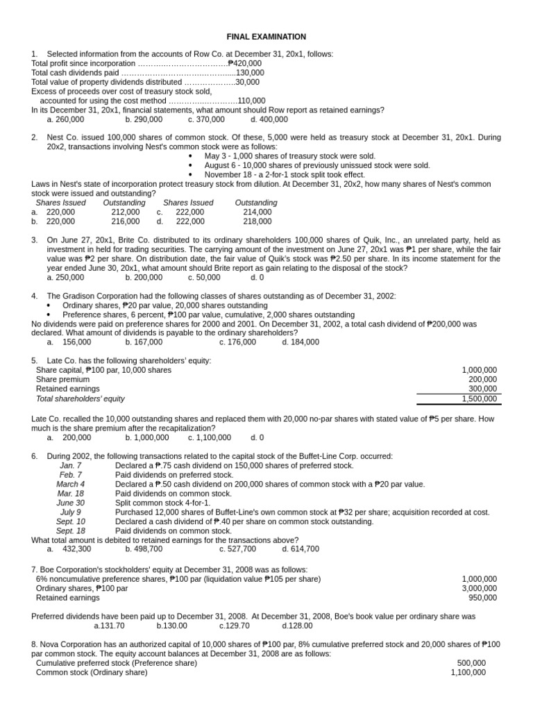 FINAL EXAMINATION - Review | PDF | Preferred Stock | Earnings Per Share