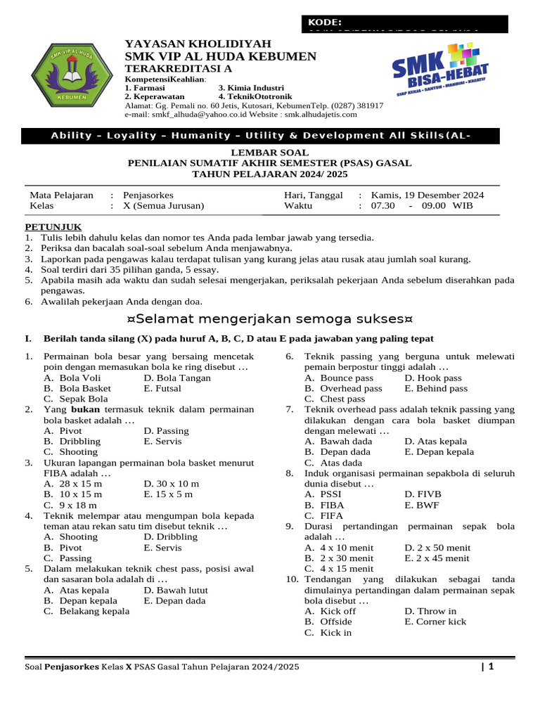 SOAL PSAS PJOK X | PDF