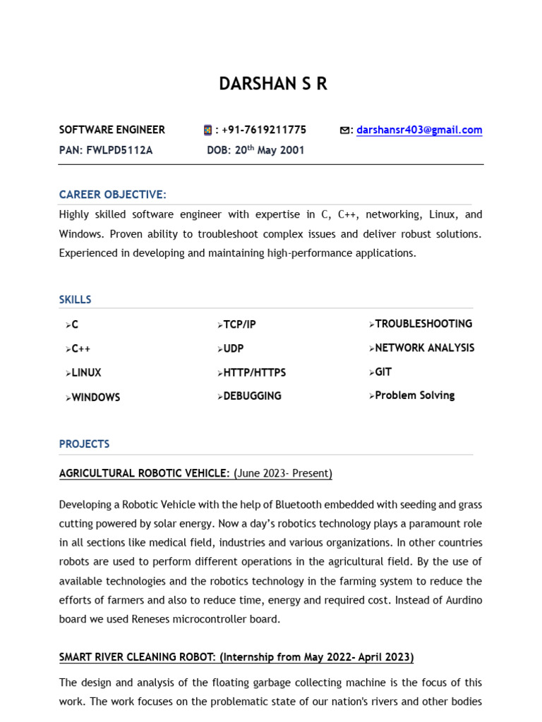 Darshan SR Resume | PDF | Computer Network | Computing