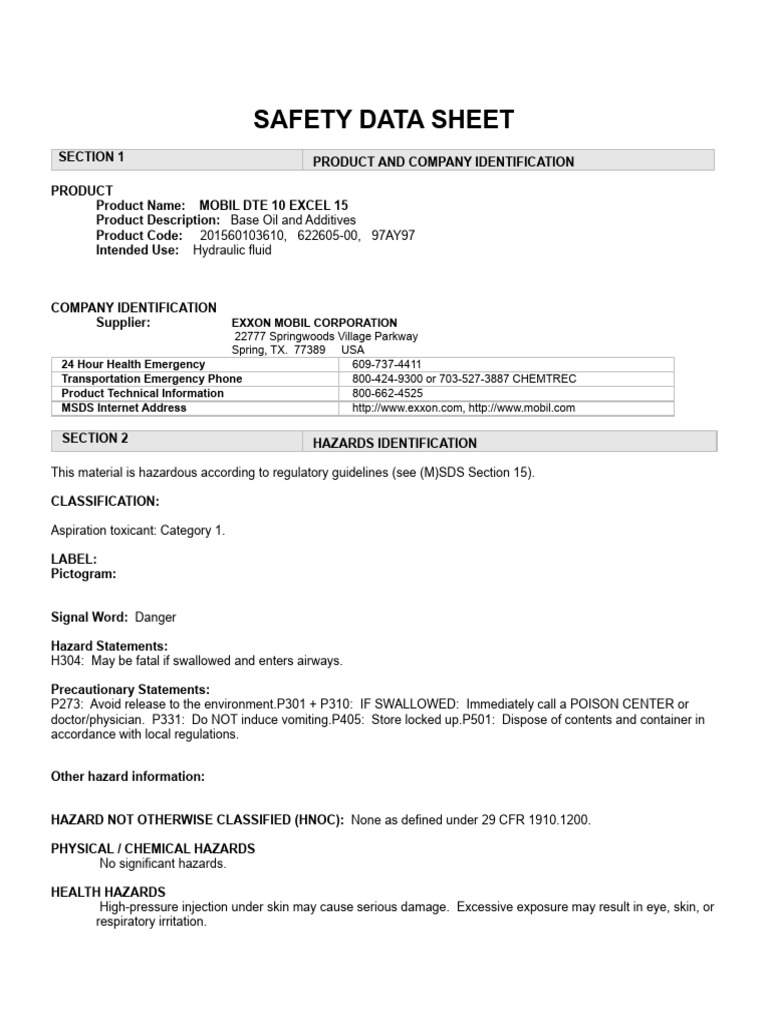 MOBIL DTE 10 Excel 15 Safety Data Sheet | PDF | Hazards | Personal ...