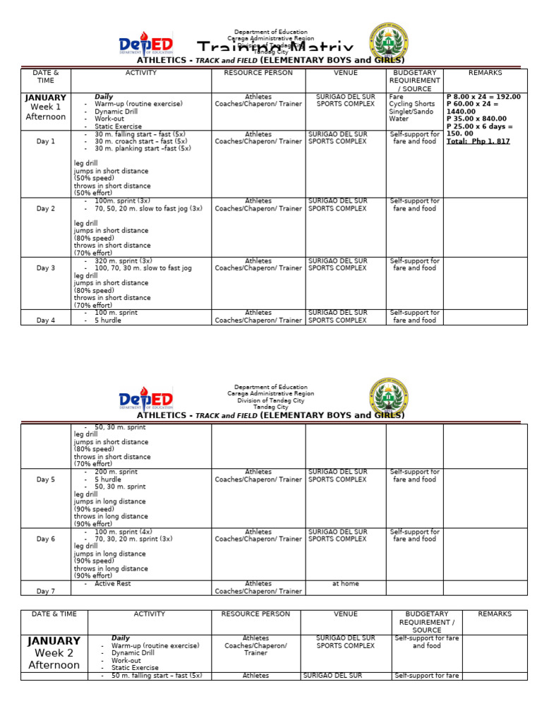 Athletics Training Matrix | PDF | Track And Field | Leisure Activities