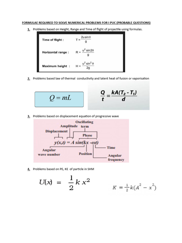 Formulae Required To Solve Numerical Problems For I Puc | PDF