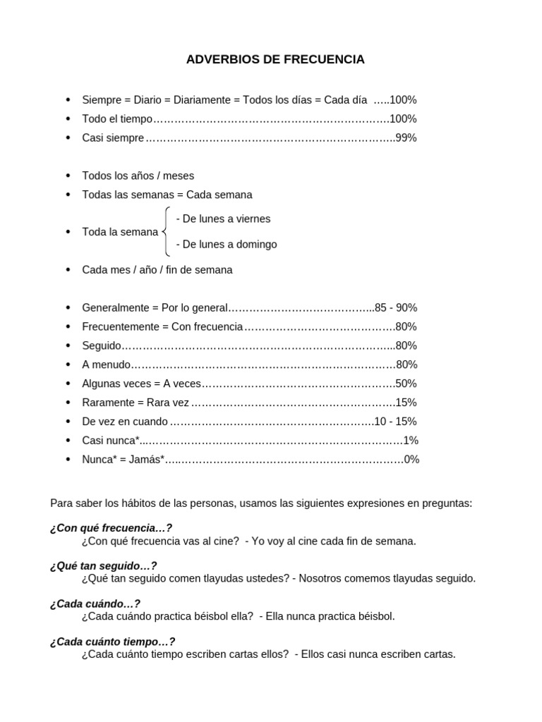 Adverbios de Frecuencia en Español | PDF