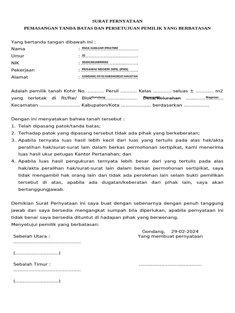 Surat Pernyataan Pemasangan Tanda Batas | PDF