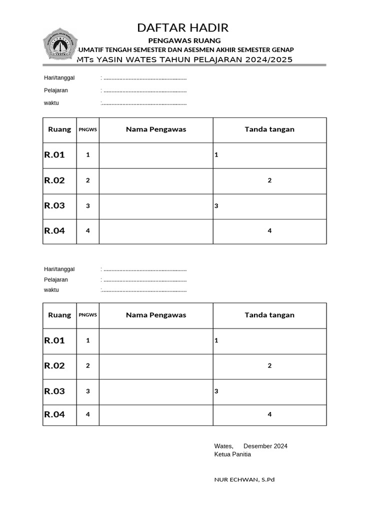 Daftar Hadir Pengawas Pts | PDF