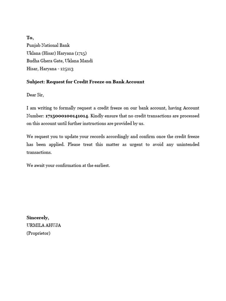 Urmila Ahuja_Cerdit Freeze Letter | PDF