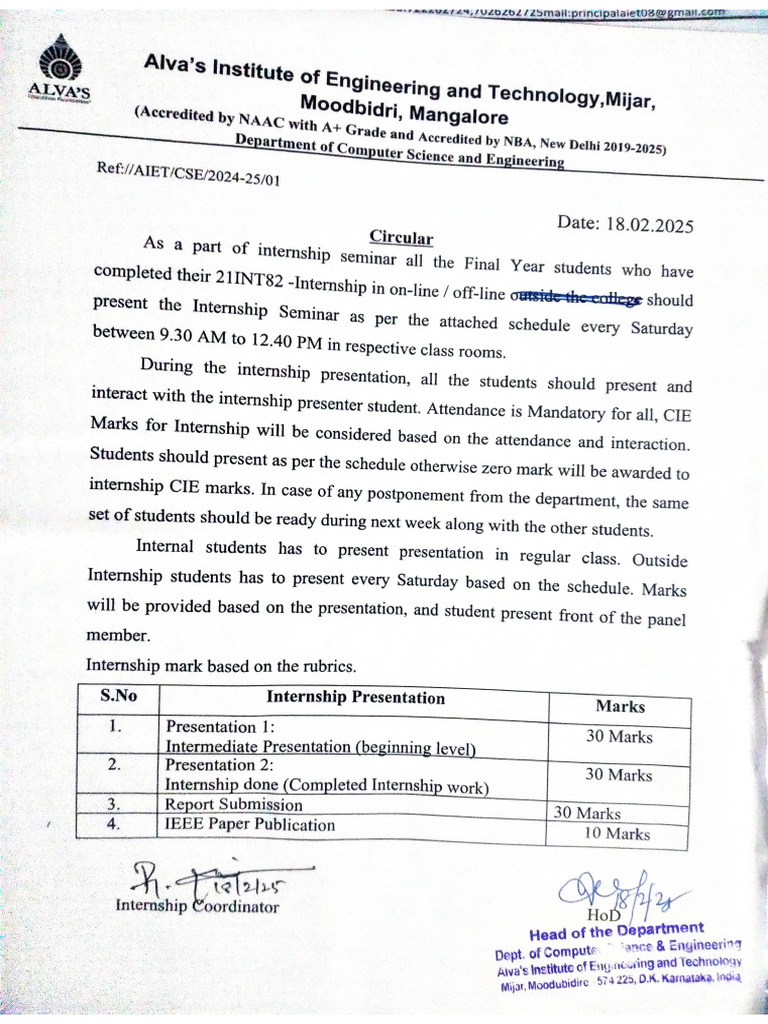 Internship Circularand Schedule | PDF
