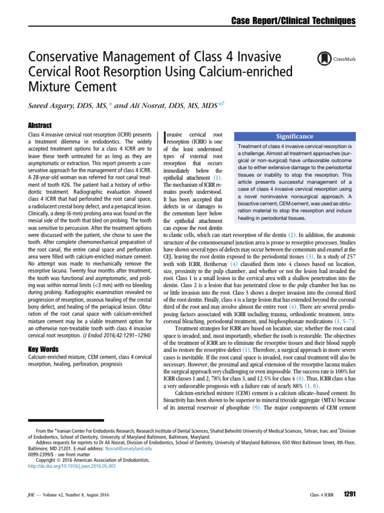 Conservative Management of Clas 4 InvasiveCervical Root Resorption ...