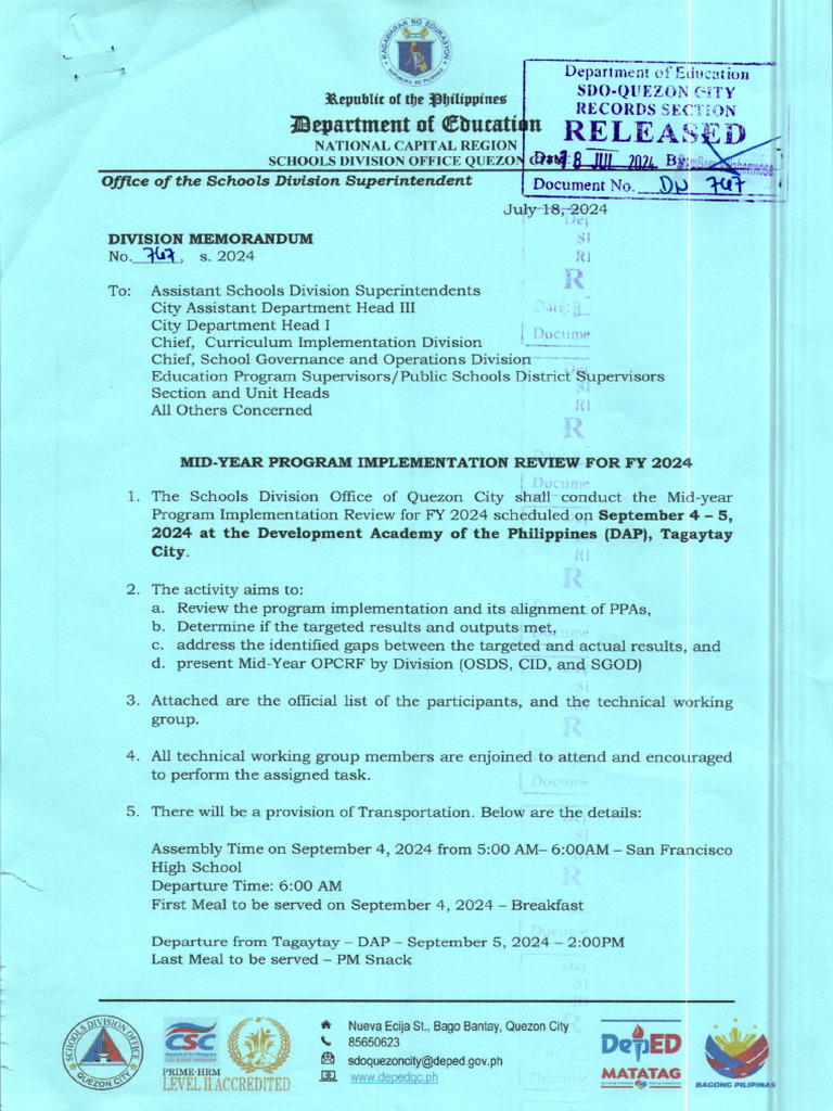 DM No. 767 S. 2024 - Mid-Year Program Implementation Review For Fy 2024 | PDF