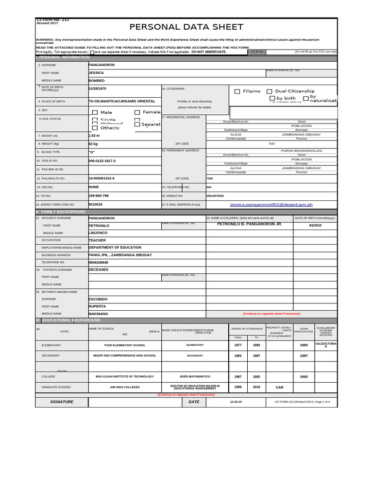 CS Form No. 212 Revised Personal Data Sheet (PDS) | PDF | Government