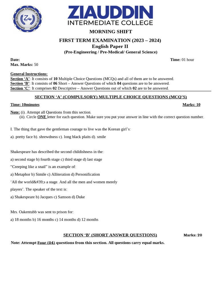 English Exam Paper II 2023-2024 | PDF