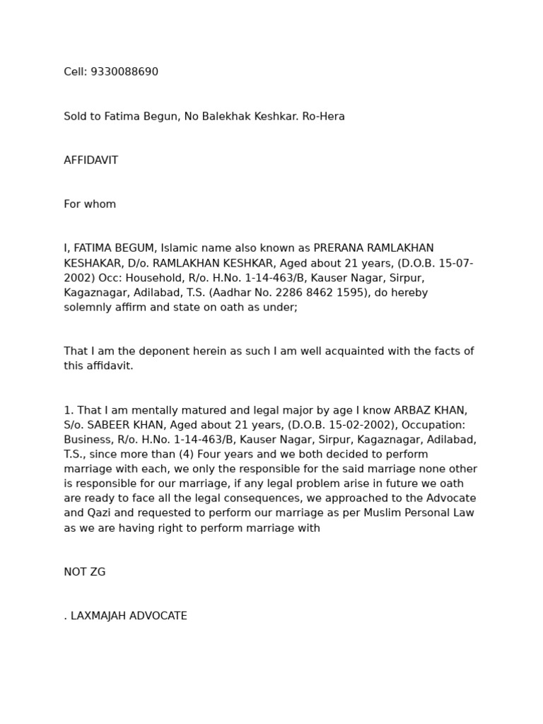 Affidavit of Marriage Declaration | PDF