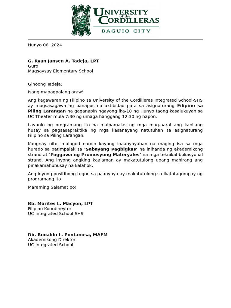 Liham Paanyaya-Hurado | PDF