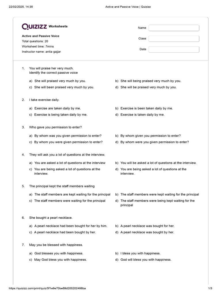 Quizizz Active vs Passive Voice Worksheet | PDF