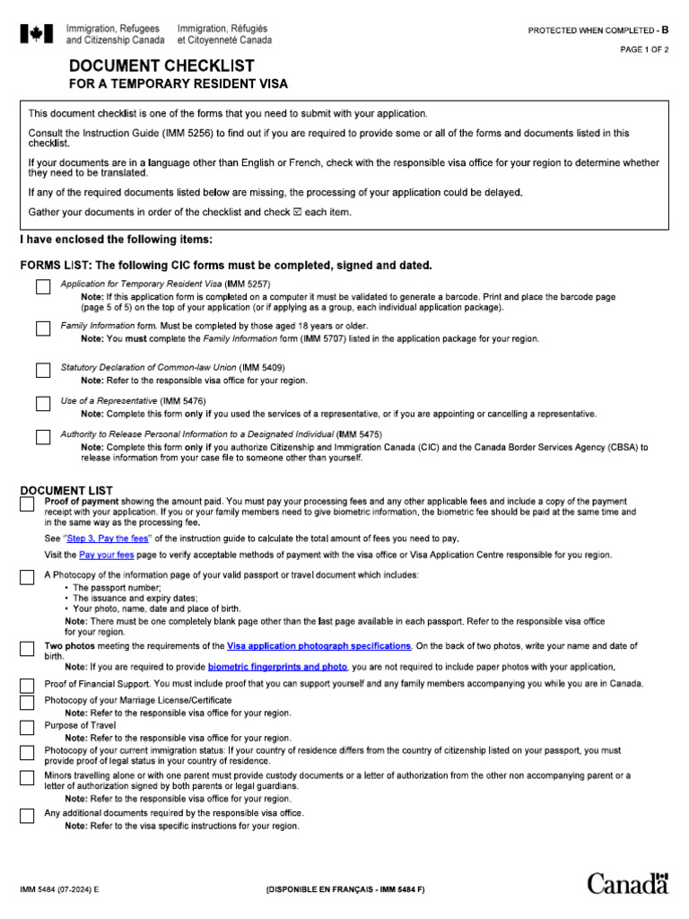 Canada Visit Visa - Document Checklist - Imm5484e | PDF