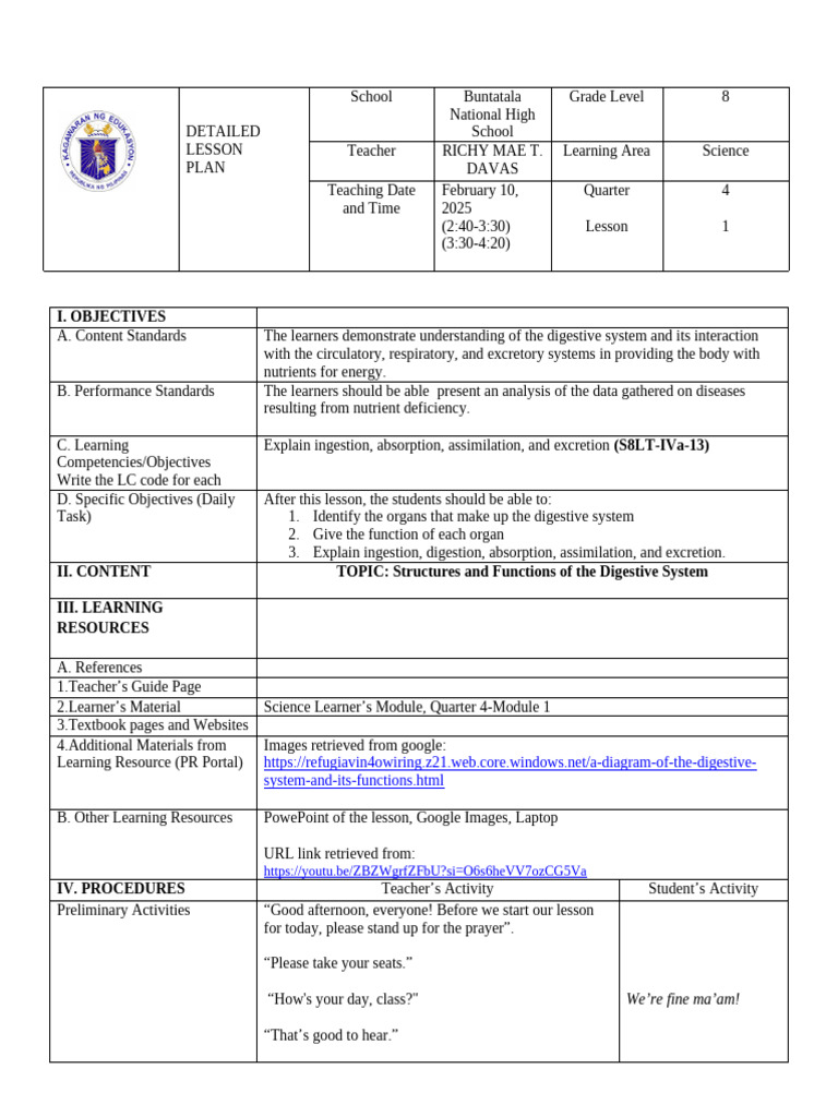 LESSON-PLAN-GRADE-8-DIGESTIVE-SYSTEM with comments from Maam Dejilla ...
