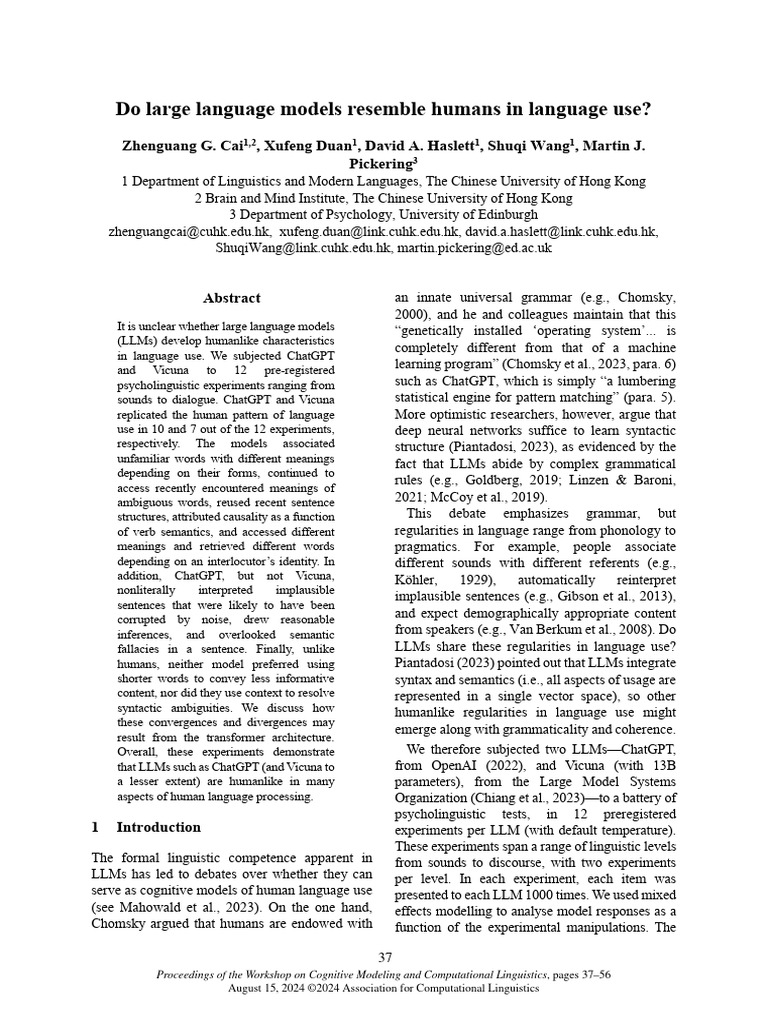 Do Large Language Models Resemble Humans in Language Use? Zhenguang G. Cai1,2, Xufeng Duan1 ...